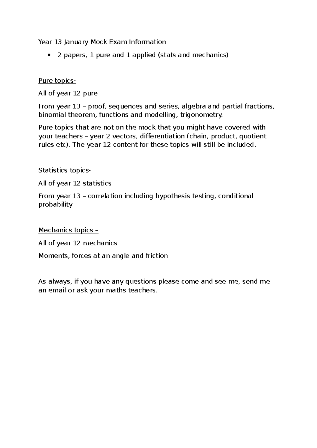 Year 13 Jan 2026 Mock Exam Info: Pure, Stats & Mechanics - Studocu