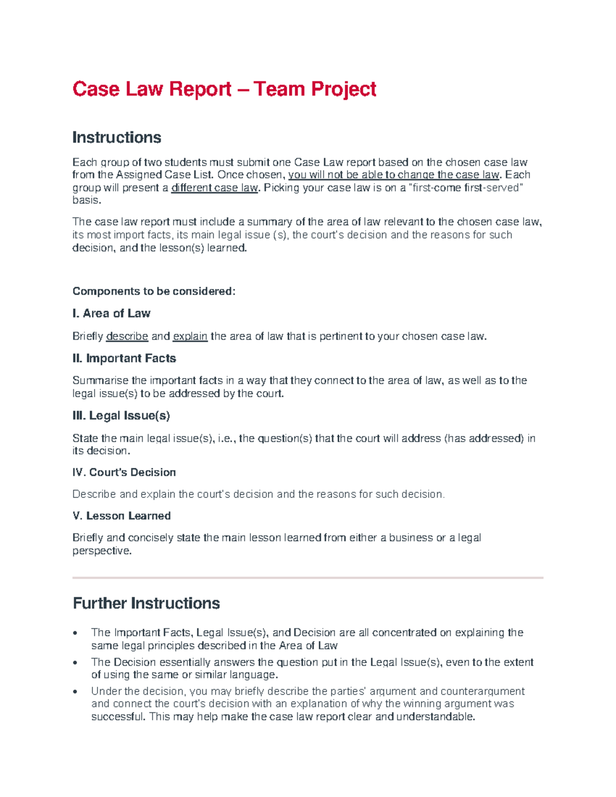 Case Law Report Instructions for Blaw 3311 Team Project - Studocu