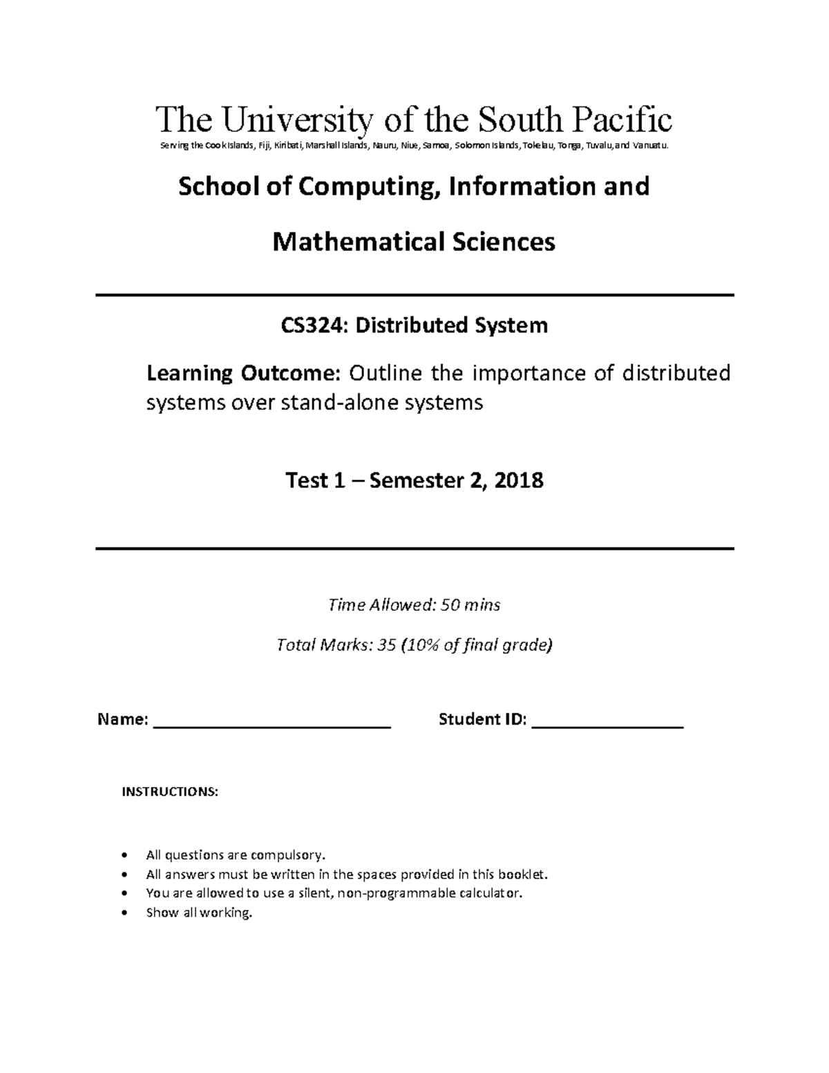 CS324 Test 1 Solutions – Semester 2, 2018 - Studocu