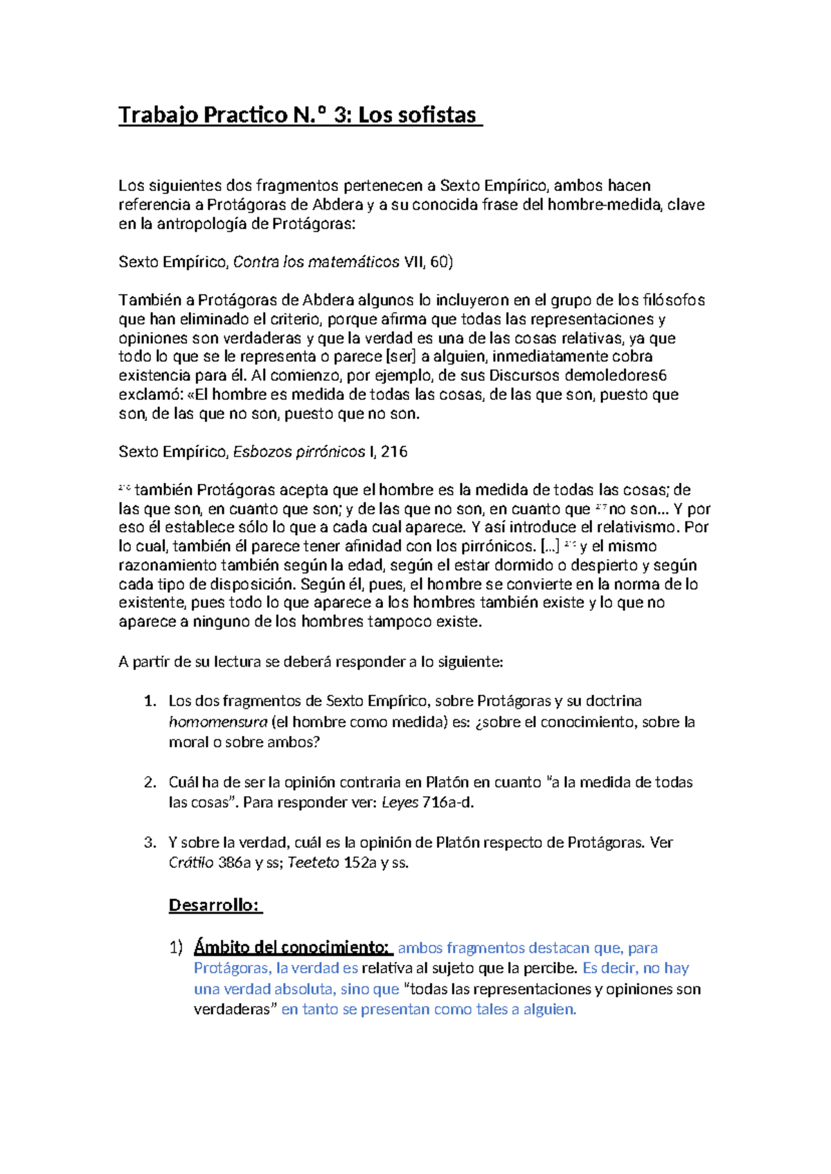 Trabajo Práctico N.º 3: Análisis de Protágoras y Sexto Empírico - Studocu