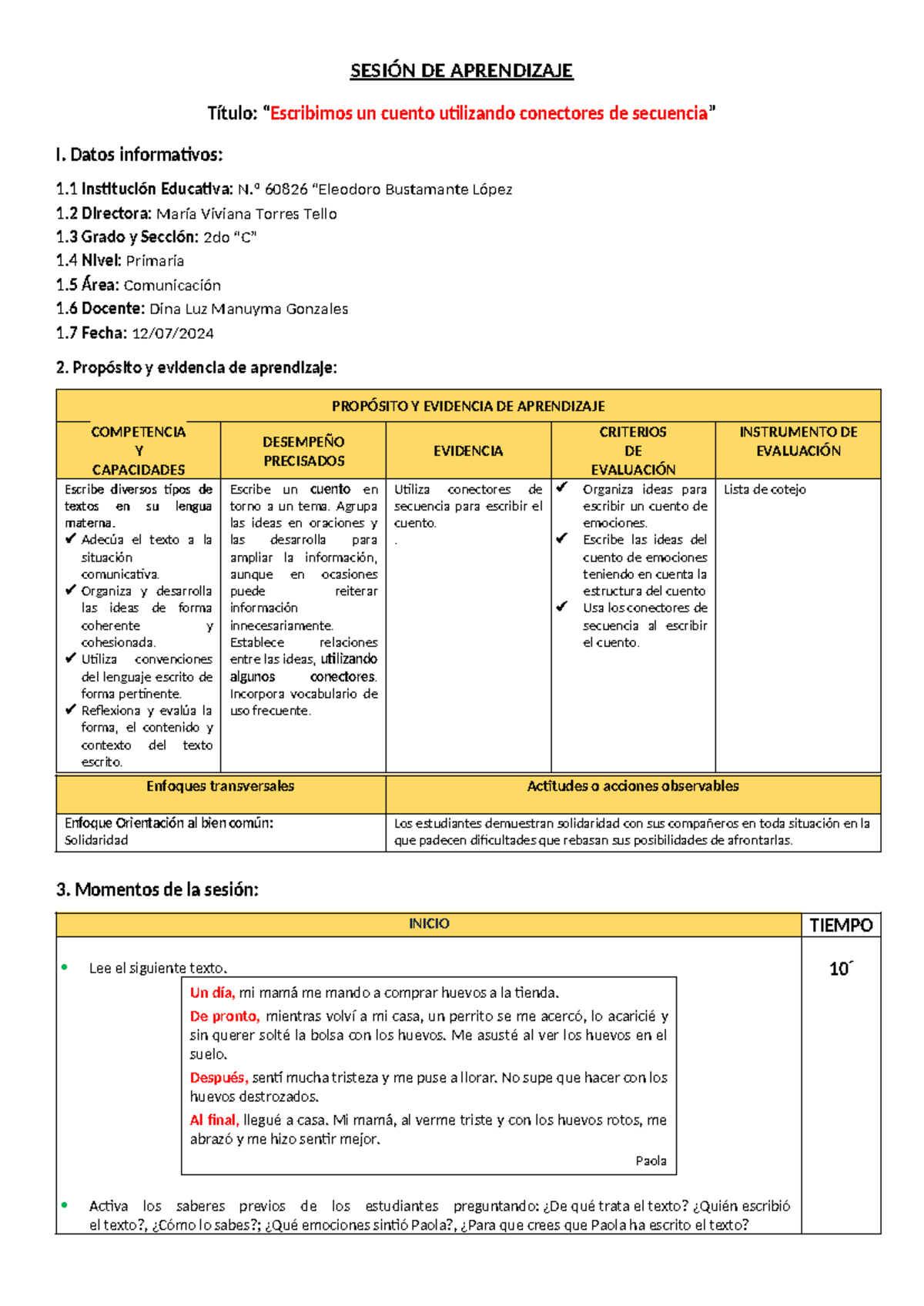 12 07 24 Escribimos un Cuento con Conectores de Secuencia - 2° "C ...