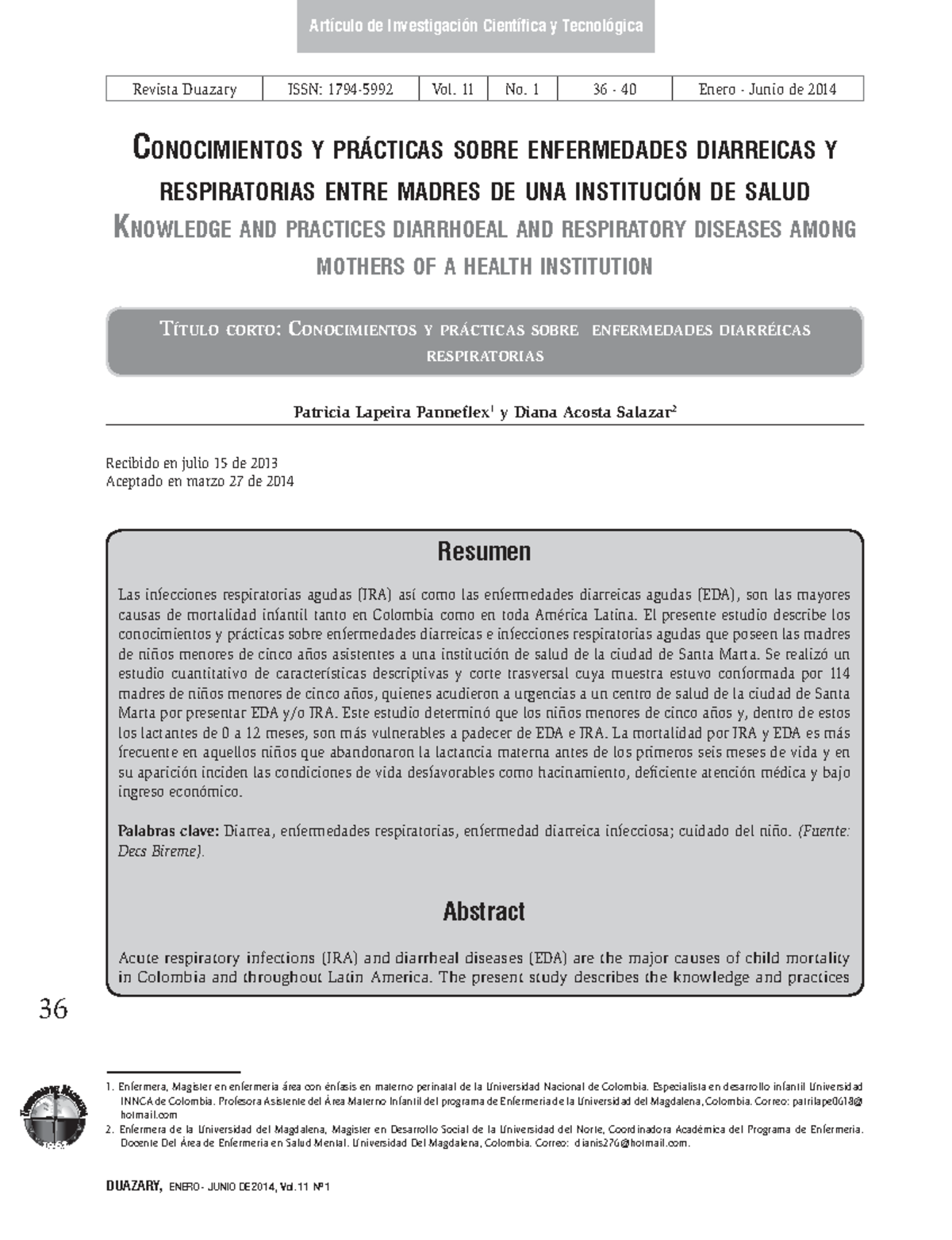 Conocimientos y Prácticas sobre EDA e IRA en Madres de Santa Marta - DUAZARY - Studocu