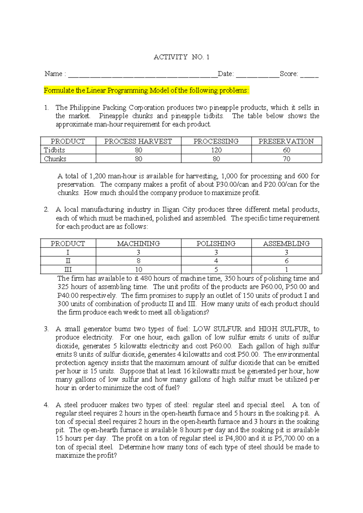 Activity 1 Formulating Linear Programming Models For Profit