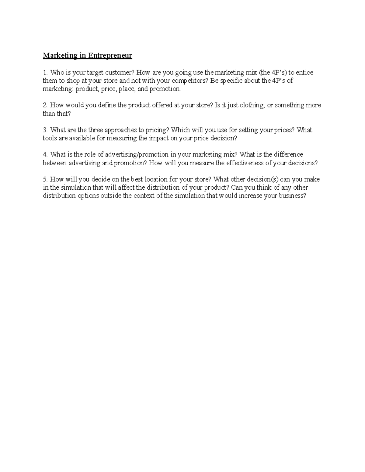 Sim Activity - Marketing Mix Strategies for Entrep 1 - Studocu