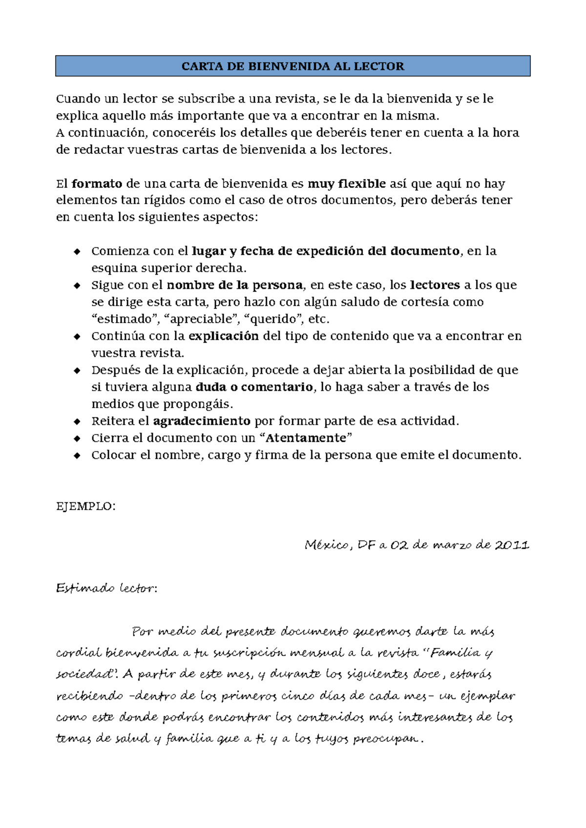 Carta de Bienvenida al Lector: Guía para la Redacción Efectiva - Studocu