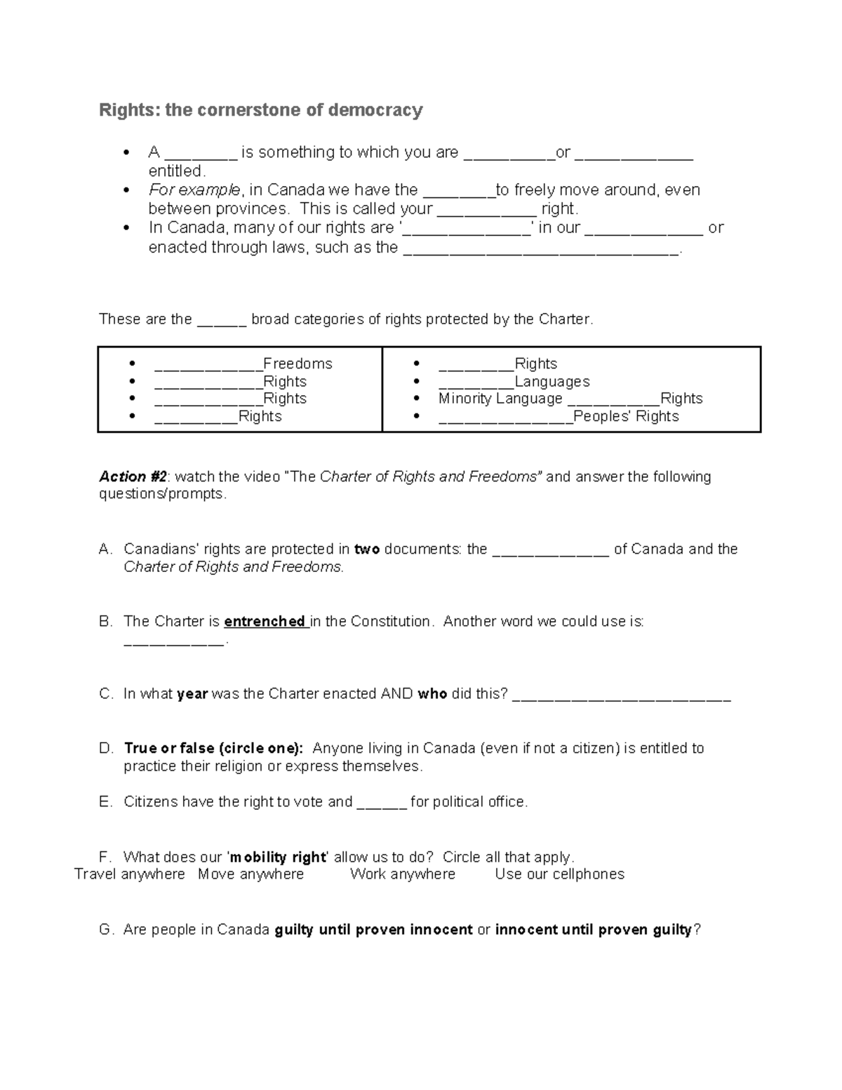 CIVIC 101: Rights and Responsibilities in Canadian Democracy Worksheet ...