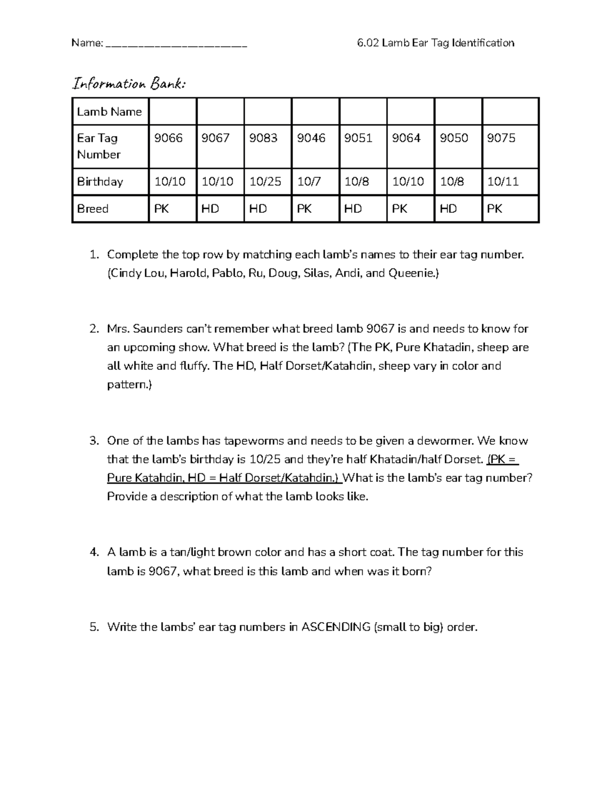Lamb Ear Tagging Activity - Morii 6.02 Identification Guide - Studocu