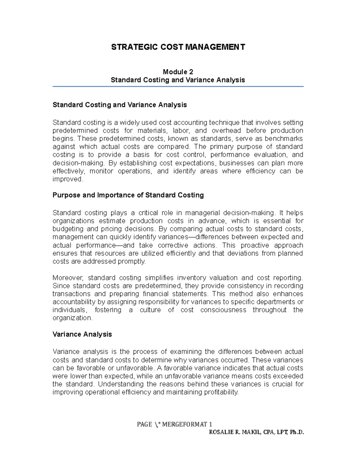 SCM-2 Standard Costing & Variance Analysis Overview - Studocu