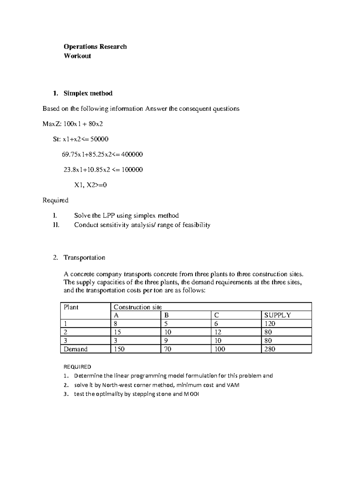 Operations Research (OR) Workout 1: Simplex & Transportation Methods ...