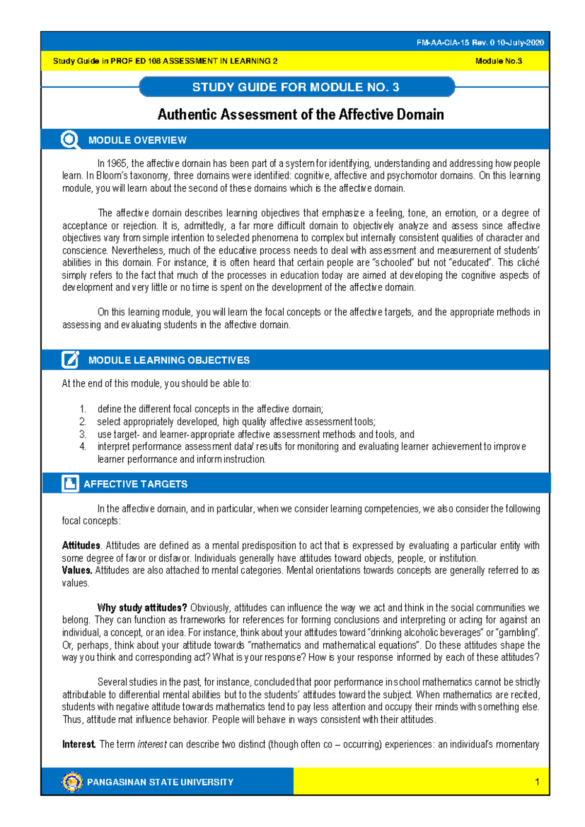 PROF ED 108: Study Guide for Module 3 on Affective Domain Assessment ...