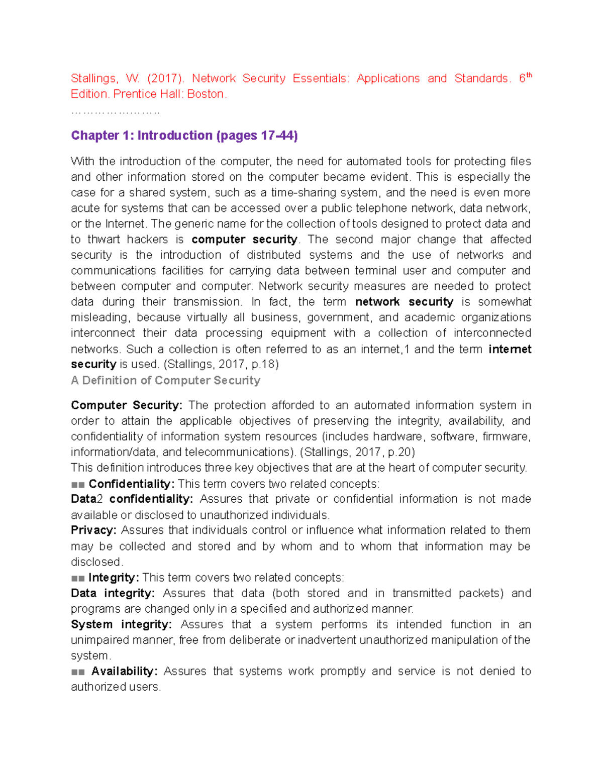 Stalling- Summary - Stallings, W. (2017). Network Security Essentials ...