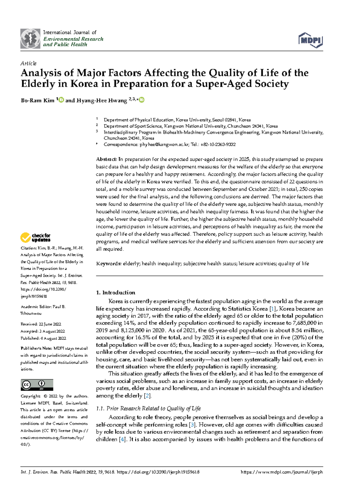 Analysis of Major Factors Influencing Elderly Quality of Life in Korea ...