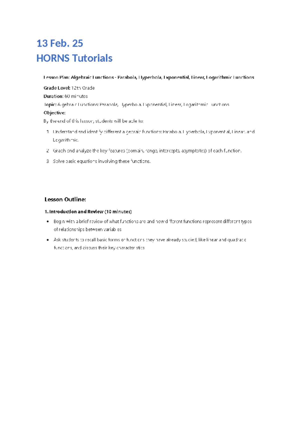 13 Feb. 25 HORNS Tutorials: Algebraic Functions Lesson Plan for 12th ...
