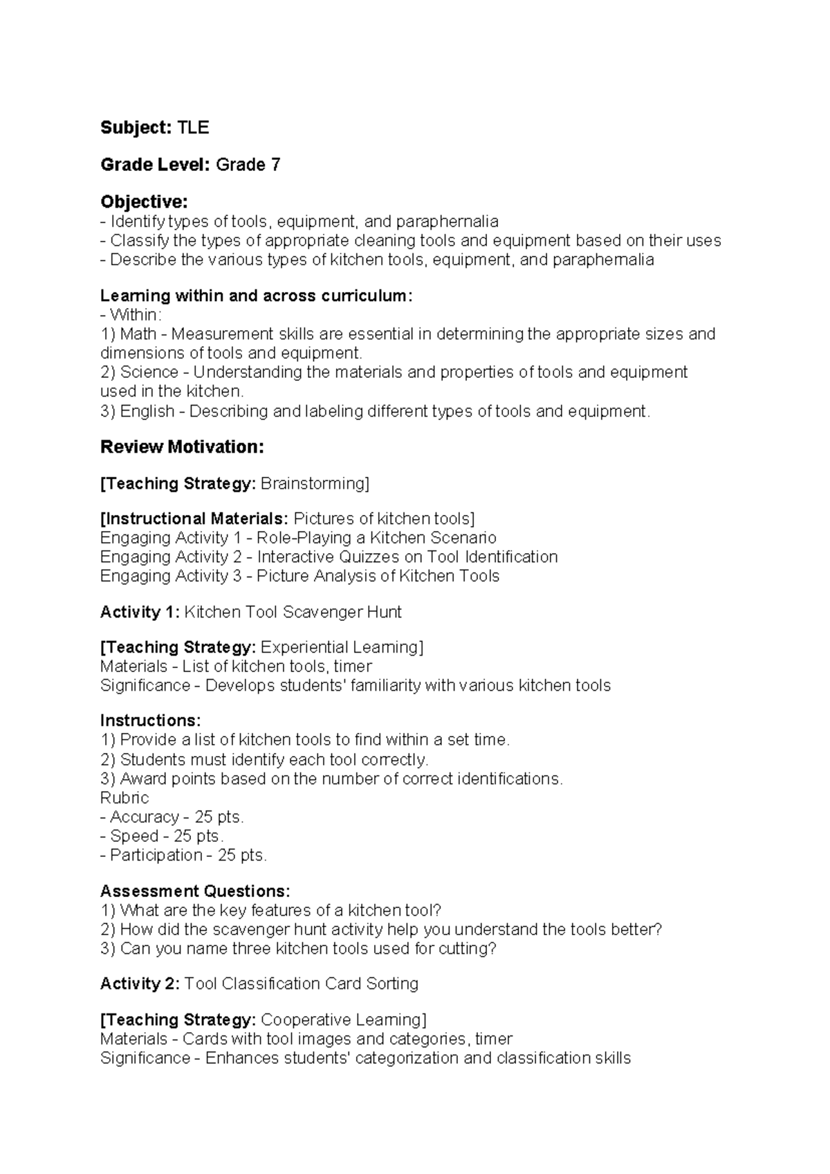 Lesson plan TLE - Subject: TLE Grade Level: Grade 7 Objective ...