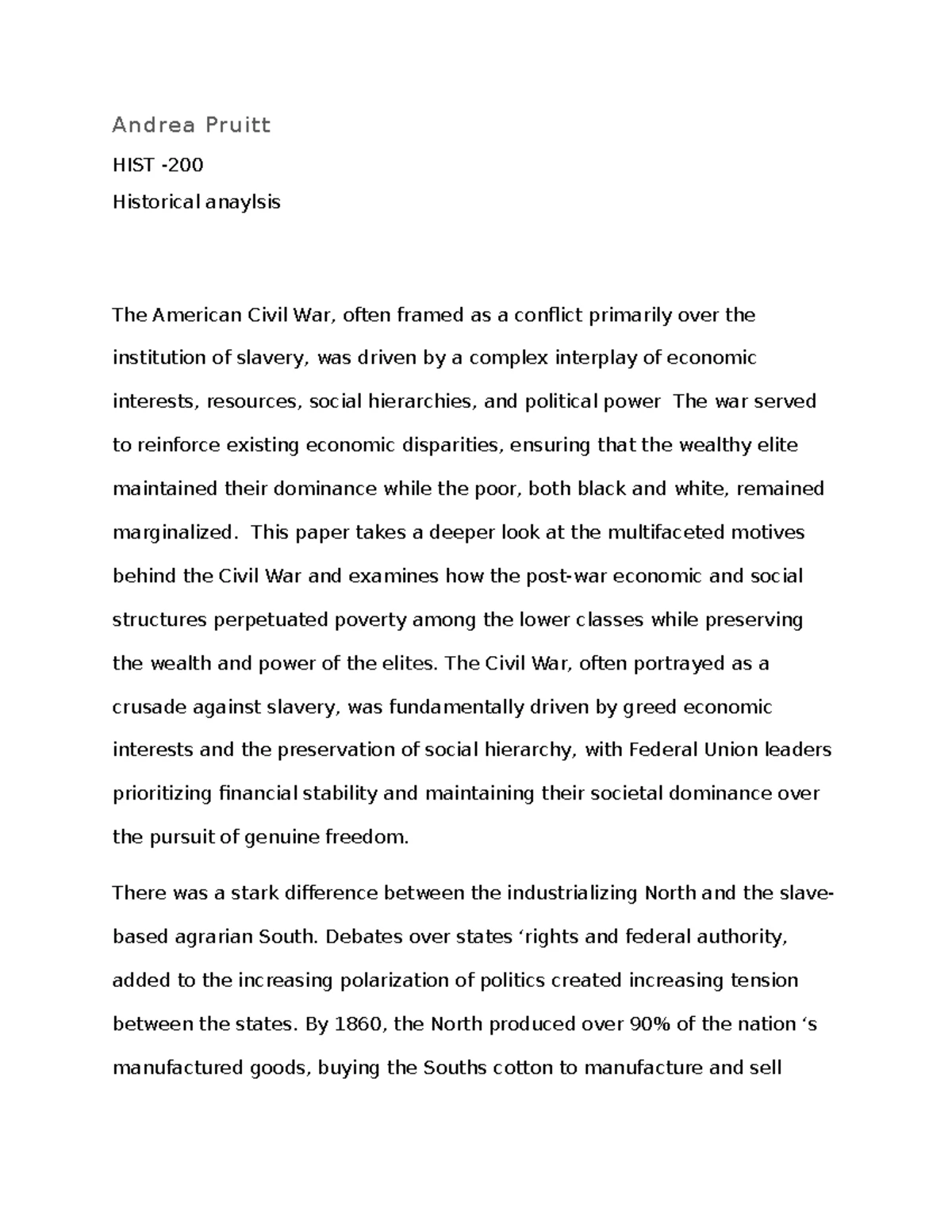 HIST200 Final Writing Plan: Analyzing the Civil War's Socioeconomic ...