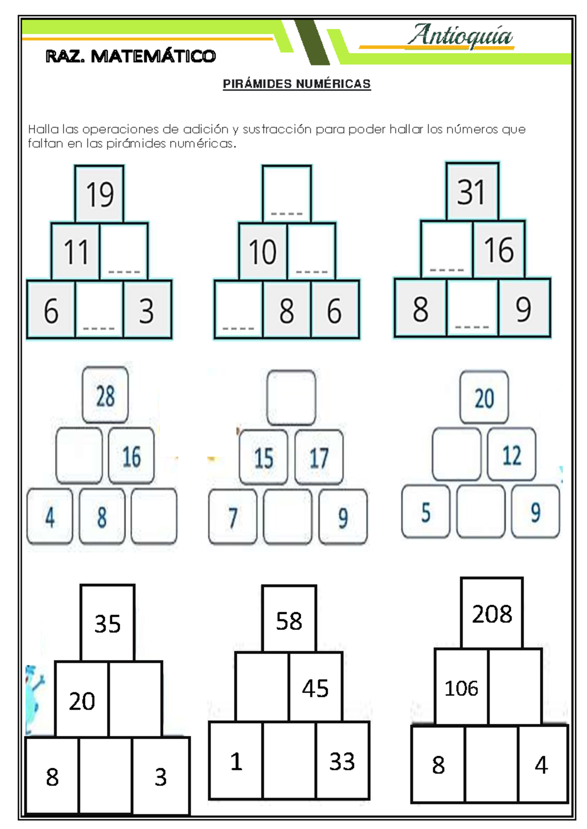 PIRAMIDES NUMERICAS: Ejercicios de Suma y Resta para Niños - Studocu