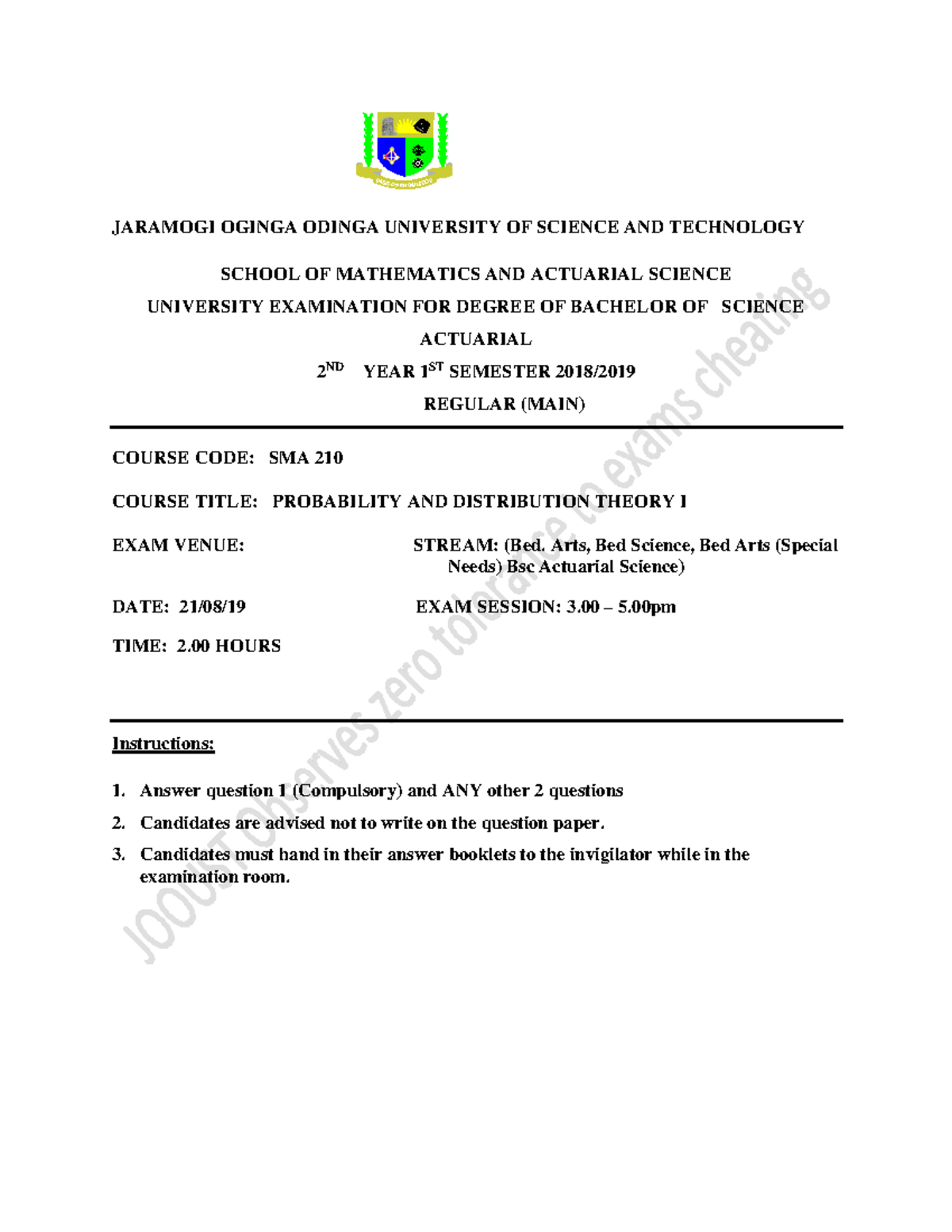 SMA 210 - Probability and Distribution Theory I Exam Notes - Studocu