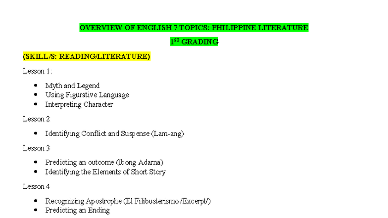 English 7: Overview of Philippine Literature Topics and Skills - Studocu