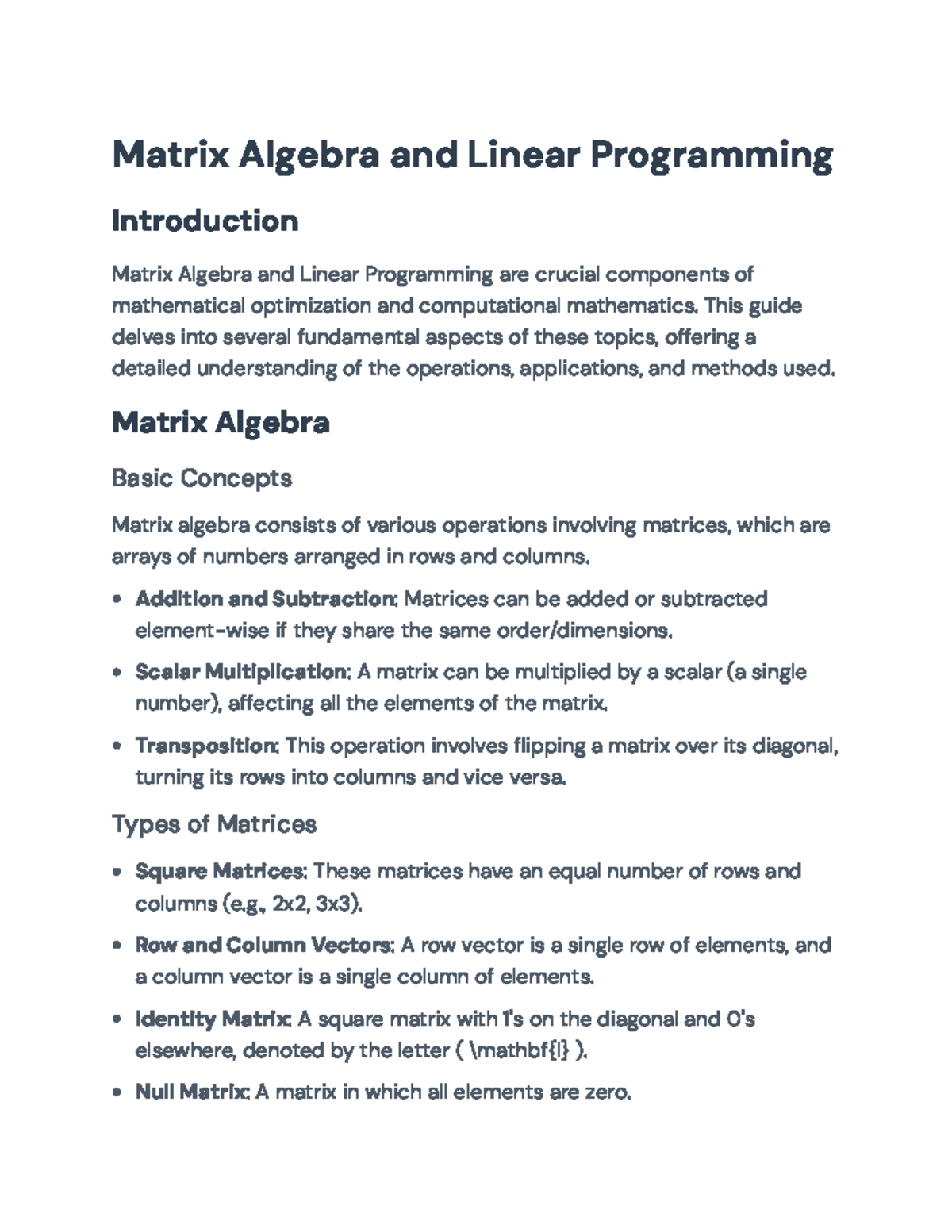 Matrix Algebra & Linear Programming: A Comprehensive Study Guide - Studocu