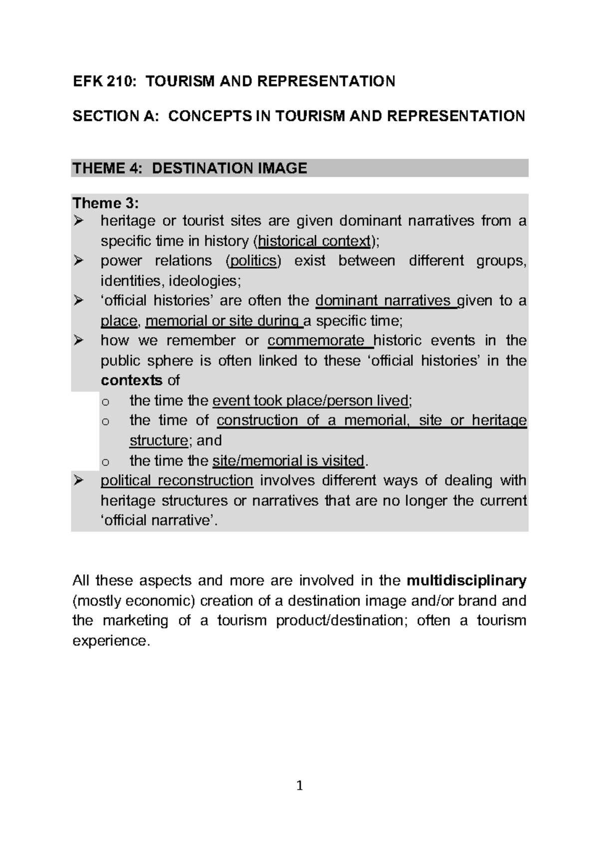 EFK210 Theme 4 Framework 2022 - EFK 210: TOURISM AND REPRESENTATION ...