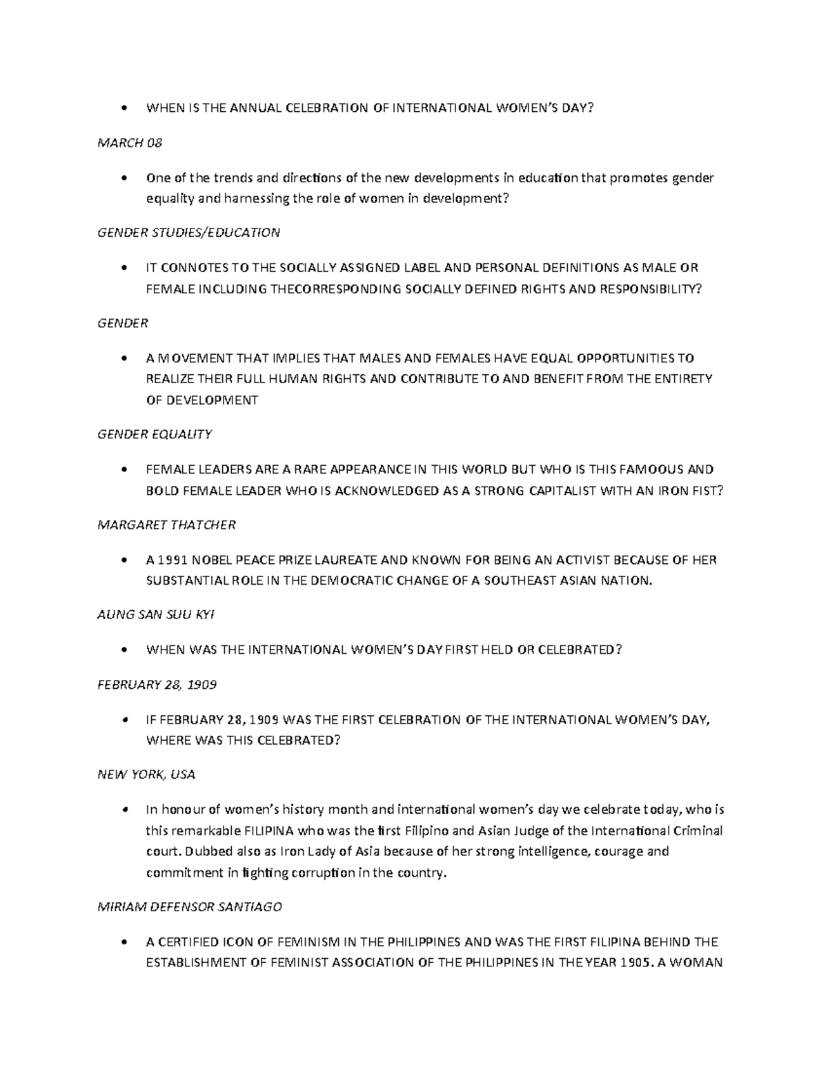 Trivia Questions for Women's Month Celebration and Gender Studies - Studocu