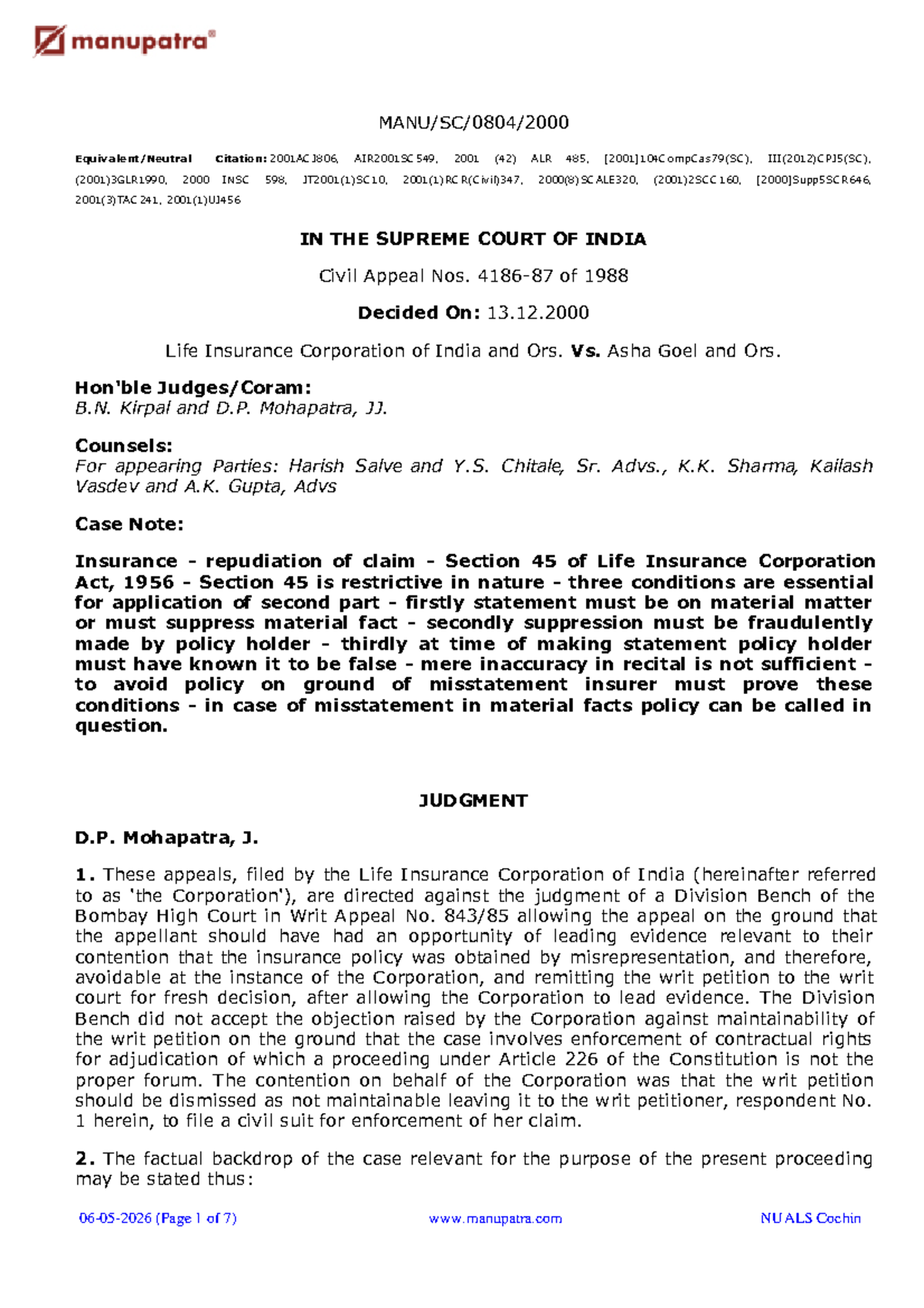 LIC vs. Asha Goel: Supreme Court Case Analysis (INSC 598) - Studocu