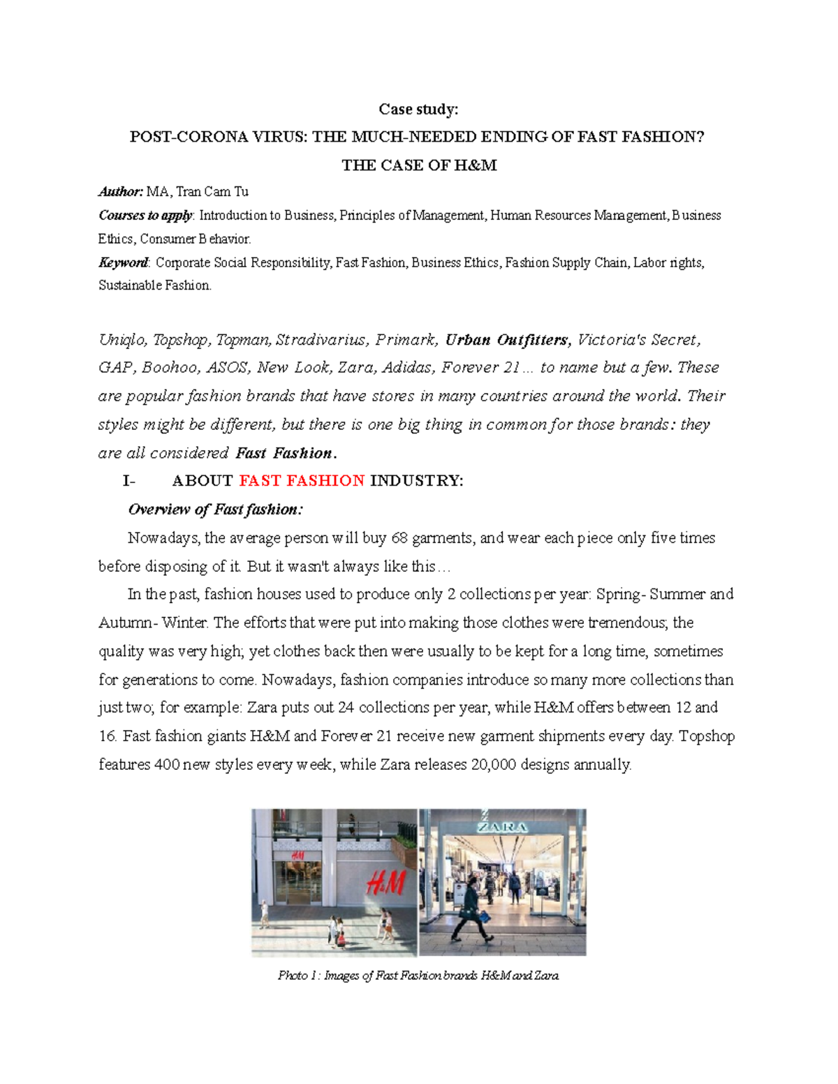 Case study 2 Fast Fashion Cam Tu - Case study: POST-CORONA VIRUS: THE ...