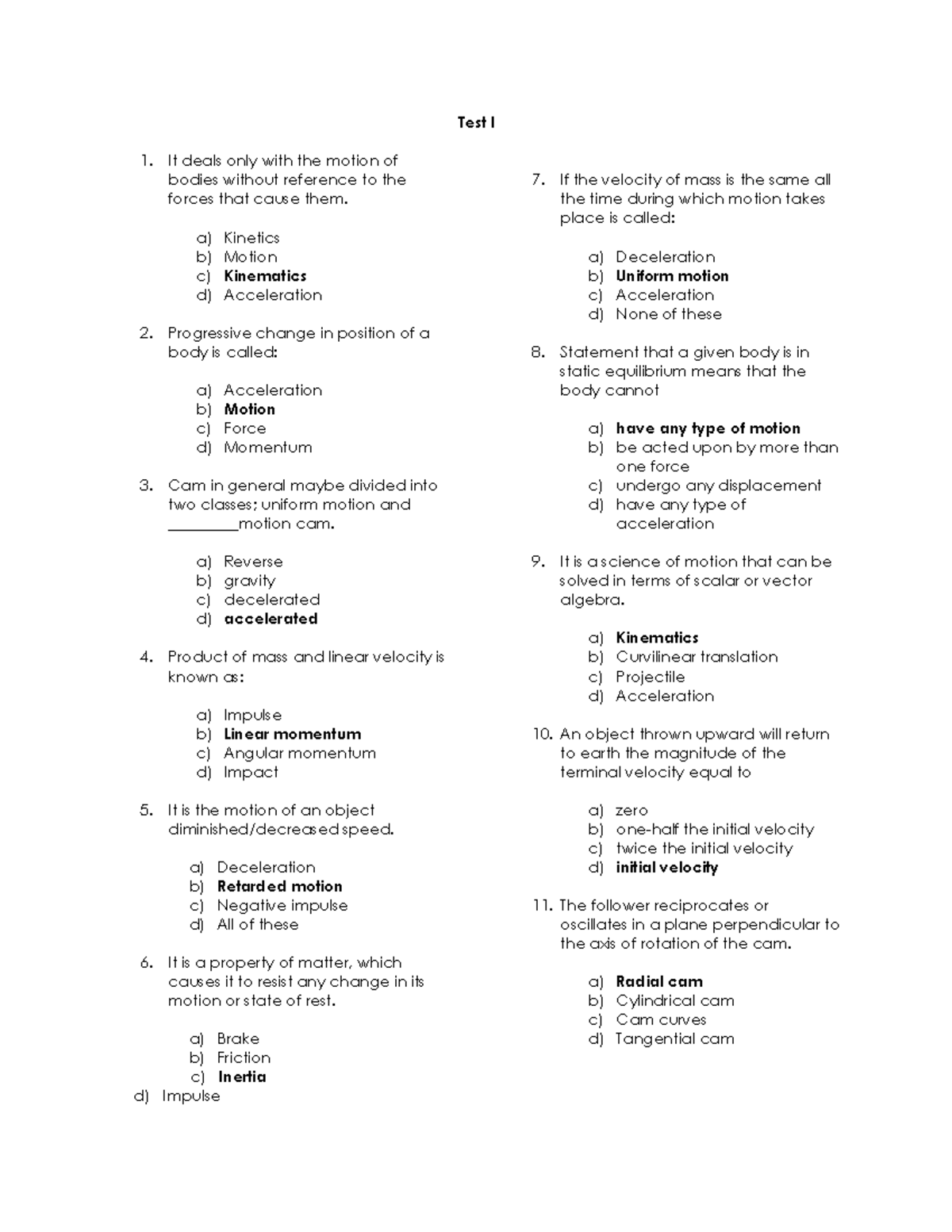 Kinematics & Mechanics: Test I Review for ENGR 101 - Studocu