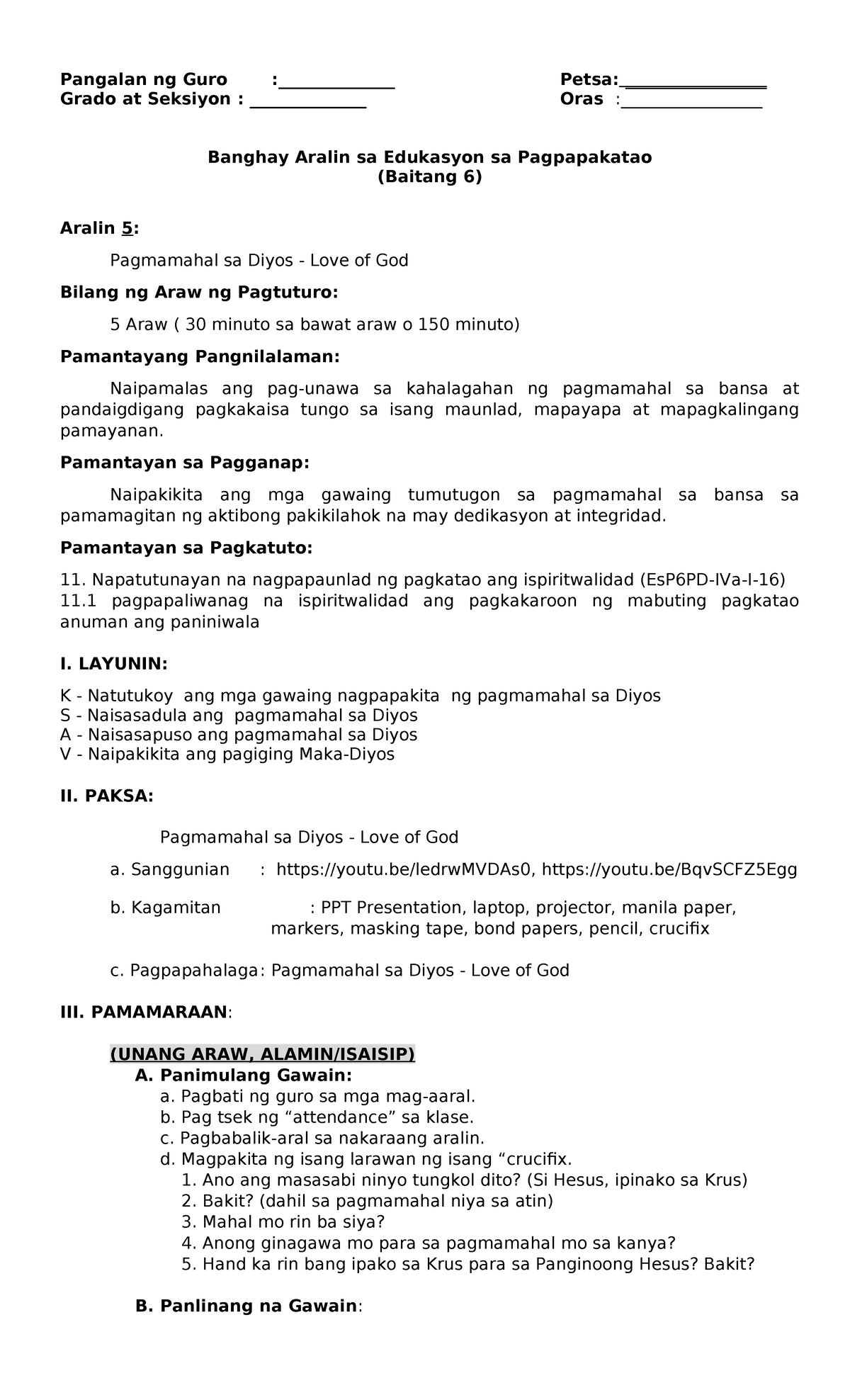 5. ESP-6 - Banghay Aralin sa Pagmamahal sa Diyos (Baitang 6) - Studocu