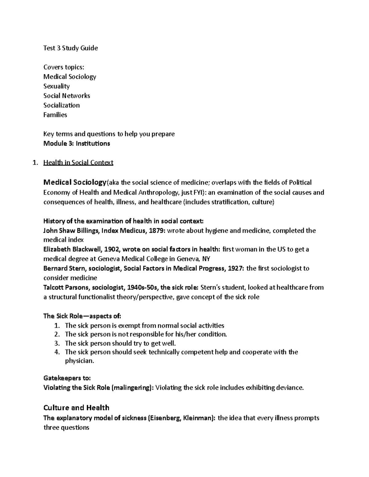 Test 3 Study Guide for SOC 2010: Medical Sociology & Socialization ...