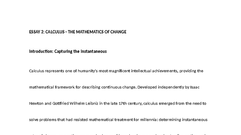 Essay 2: Calculus - The Mathematics of Change and Its Impact - Studocu