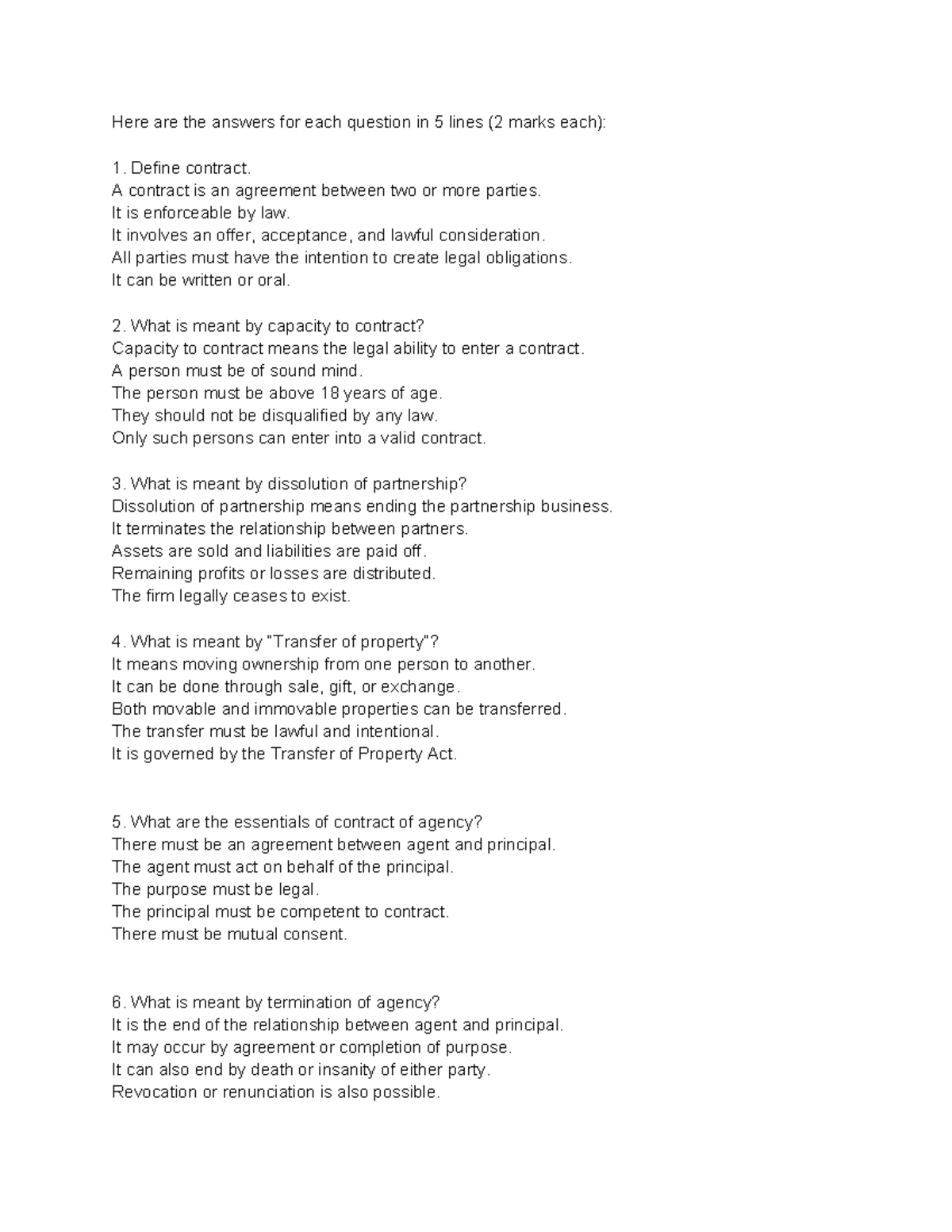 Contract Law: 2 Marks Short Answer Guide - Studocu