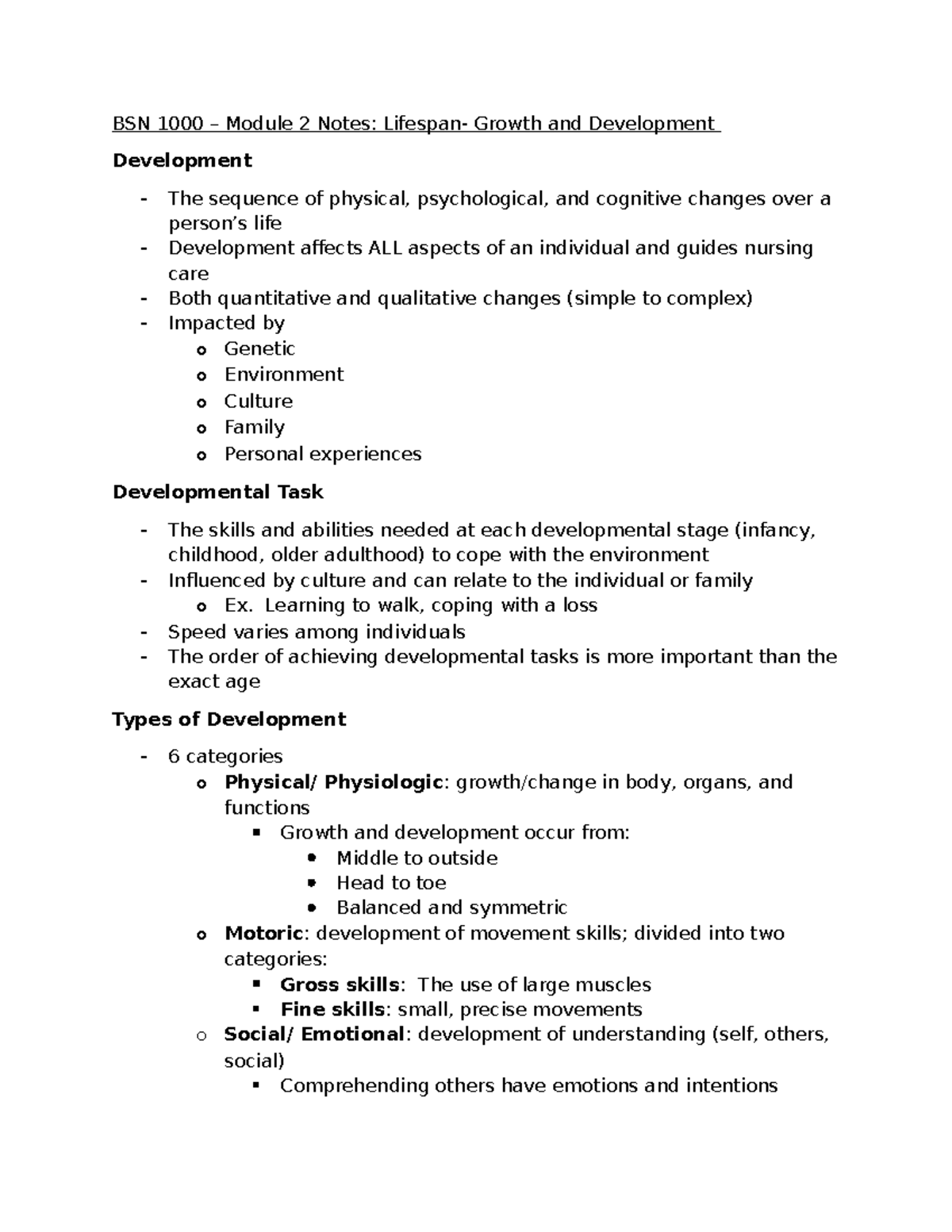 Module 2: Lifespan Growth and development - BSN 1000 – Module 2 Notes ...