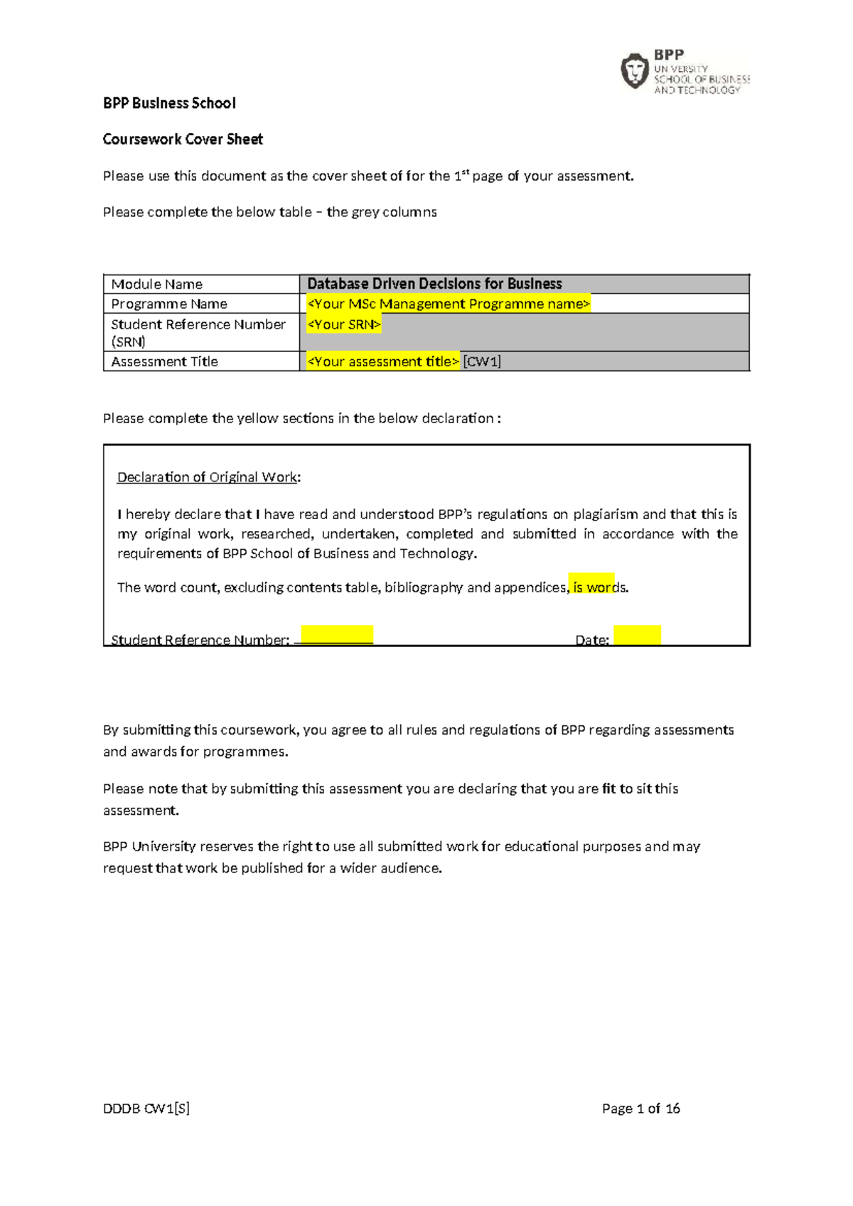 DDDB MSc AF Coursework Cover Sheet and Assessment Brief - Studocu