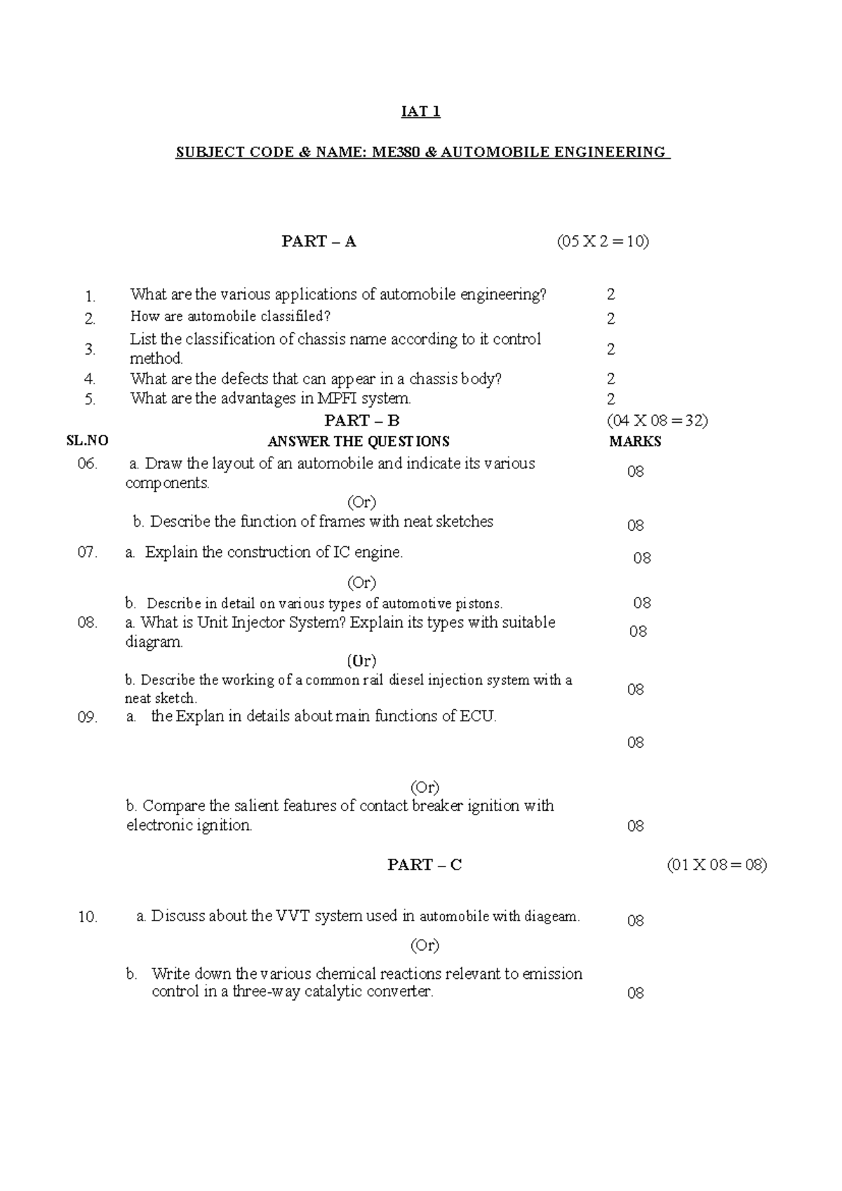 IAT 1 ME380 Automobile Engineering Question Paper - Part A & B - Studocu