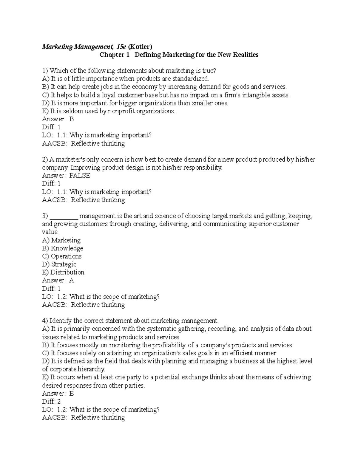 Test Bank Chapter 1 - Marketing Management, 15e (Kotler) Chapter 1 ...