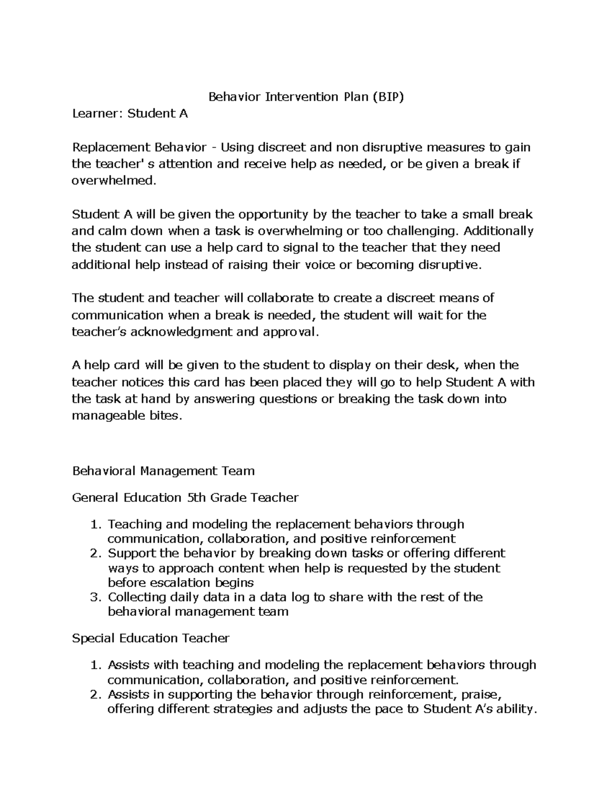 Behavior Intervention Plan (BIP) for Student A: Strategies & Support - Studocu