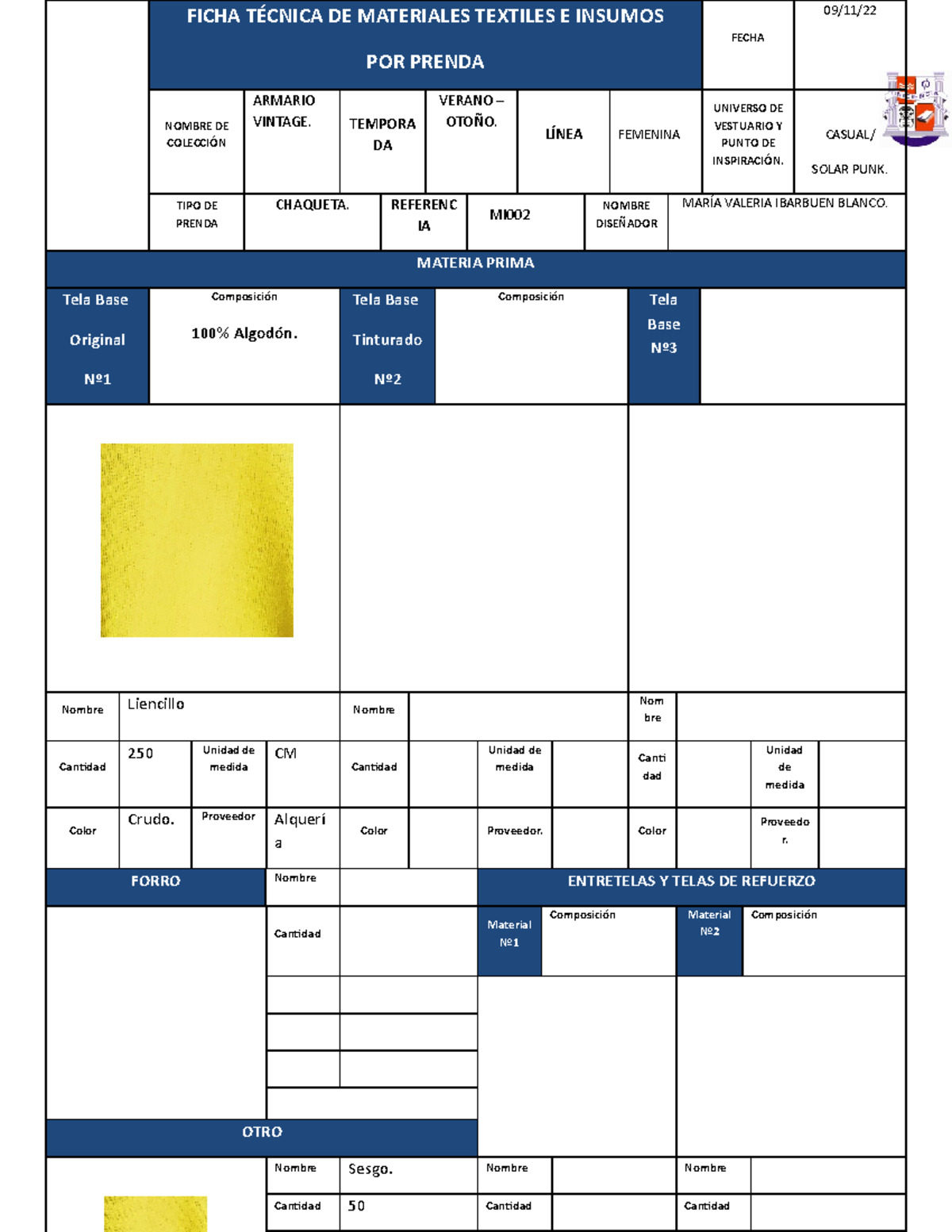 Ficha Técnica DE Materiales Textiles E Insumos - FICHA TÉCNICA DE ...