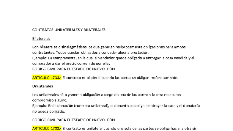 Contratos Unilaterales y Bilaterales: Análisis y Ejemplos - Studocu