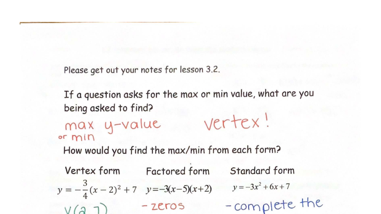 MCR3U 3.2 Lesson: Finding Max and Min Values of Quadratics - Studocu