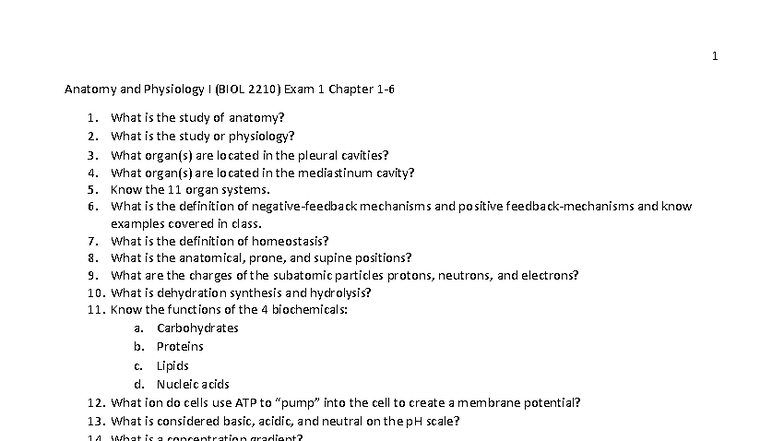 Anatomy and Physiology I (BIOL 2210) Exam 1 Study Guide: Chapters 1-6 ...