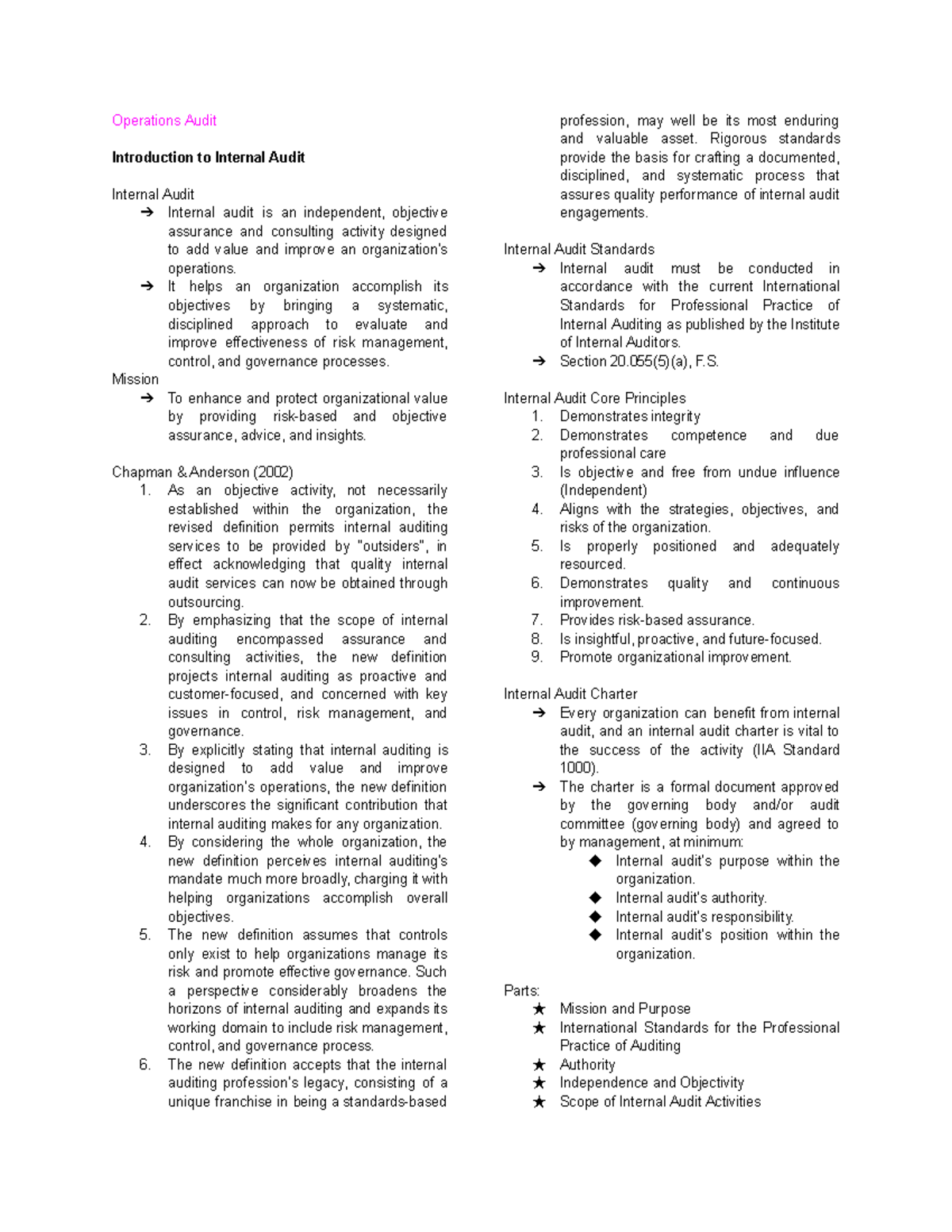 Operations Audit - Internal Audit Insights and Standards Notes - Studocu