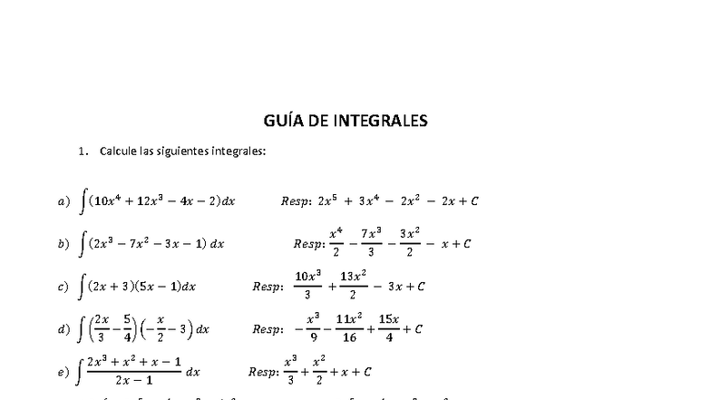 GUÍA DE INTEGRALES - Cálculos y Respuestas Detalladas - Studocu
