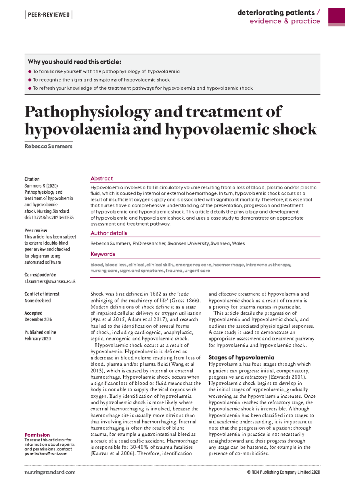 Pathophysiology & Treatment of Hypovolaemia and Shock in Nursing - Studocu