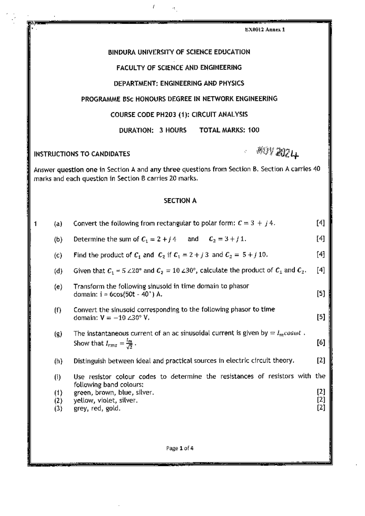 PH203 NOV 2024 - Circuit Analysis Past Exam Paper - Studocu