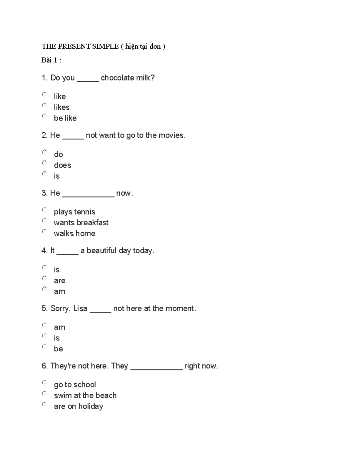 Bài Tập Hiện Tại Đơn (Present Simple) - Bài 1 & 2 - Studocu