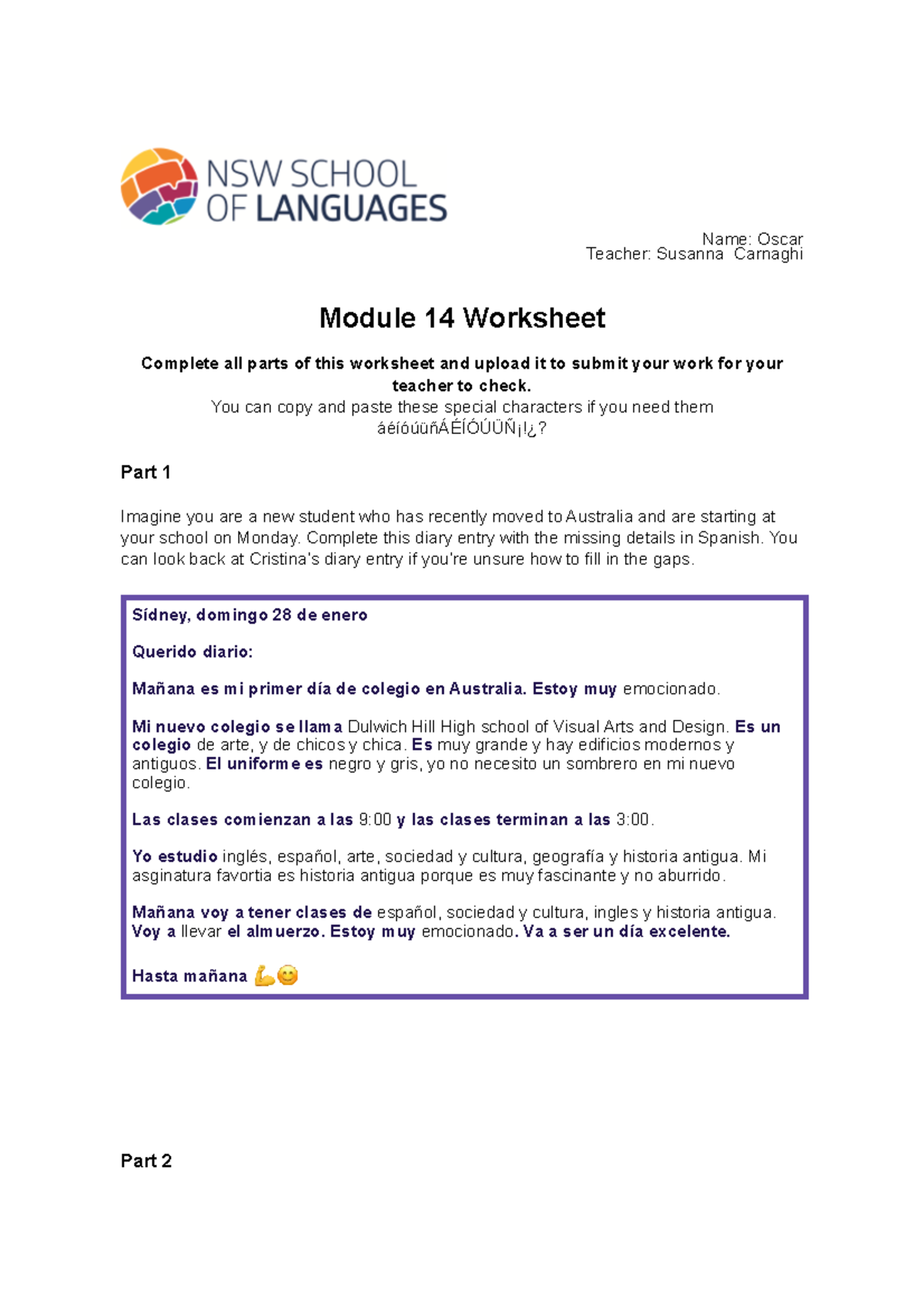 M14 Worksheet: Spanish Diary Entry & School Prospectus - Studocu