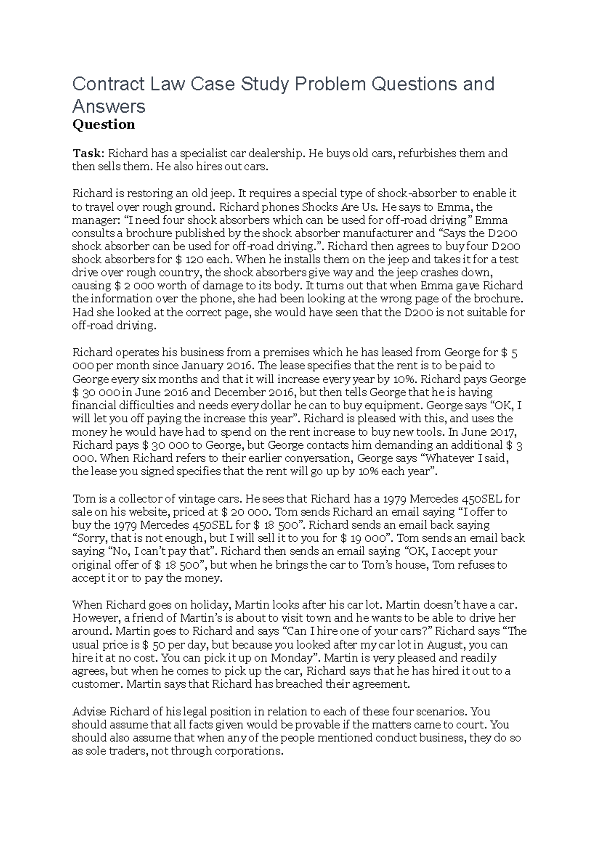 "Contract Law Case Study Analysis - Sample Answers for LAW101" - Studocu