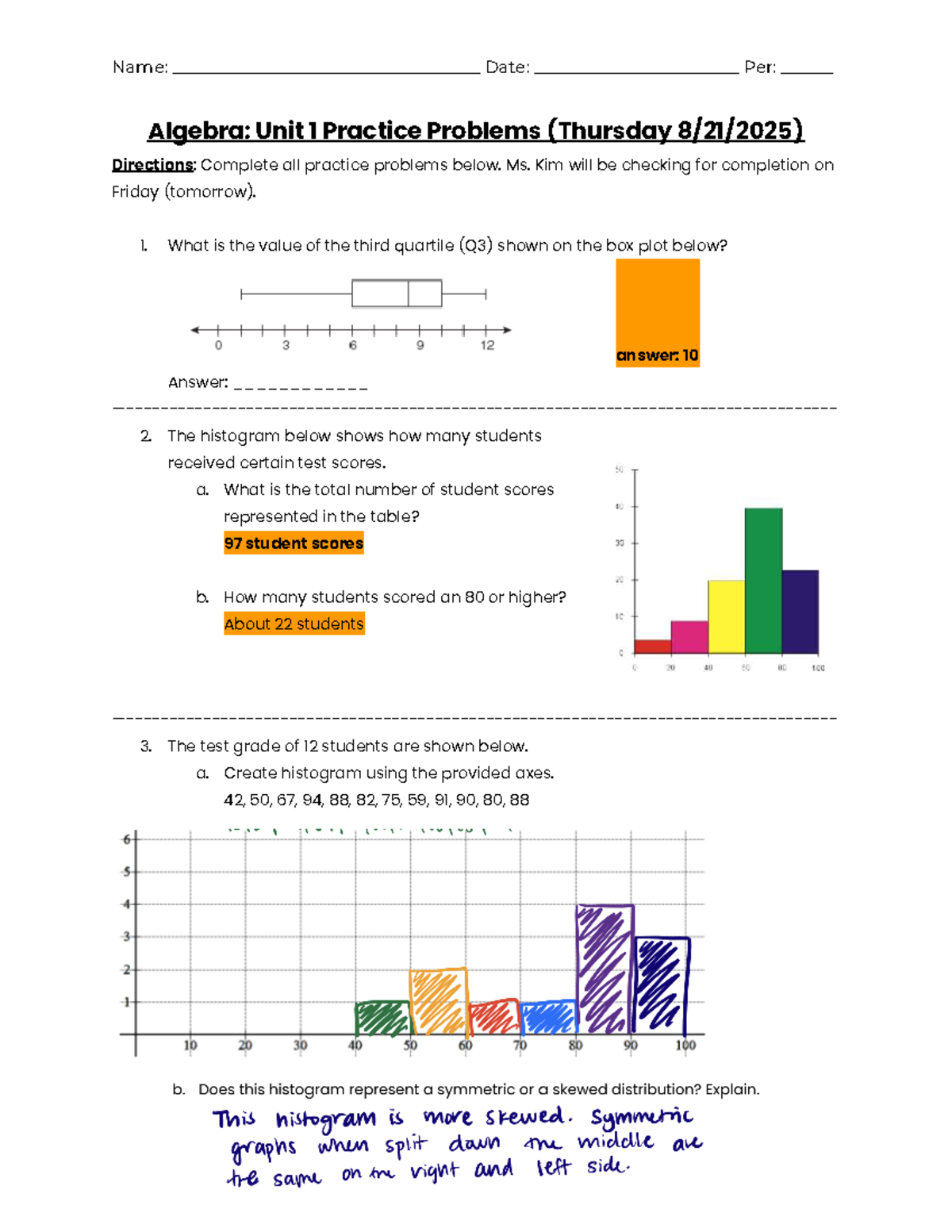 Algebra: Unit 1 Practice Problems - Answer Key - Studocu