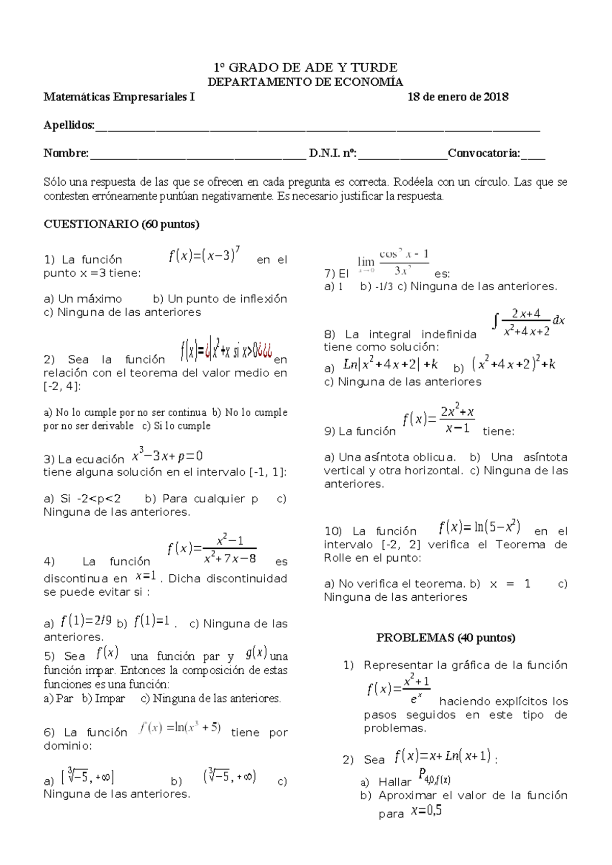 Examen Final 1º Grado ADE - Matemáticas Empresariales I - Studocu